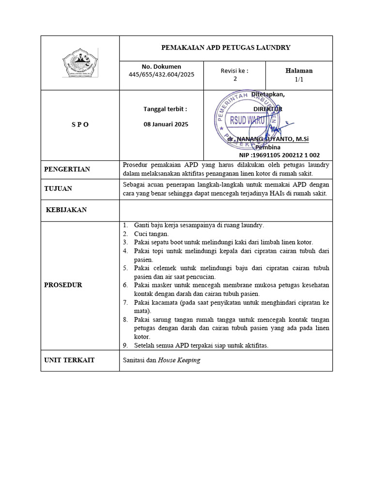 Prosedur Pemakaian APD Petugas Laundry | PDF