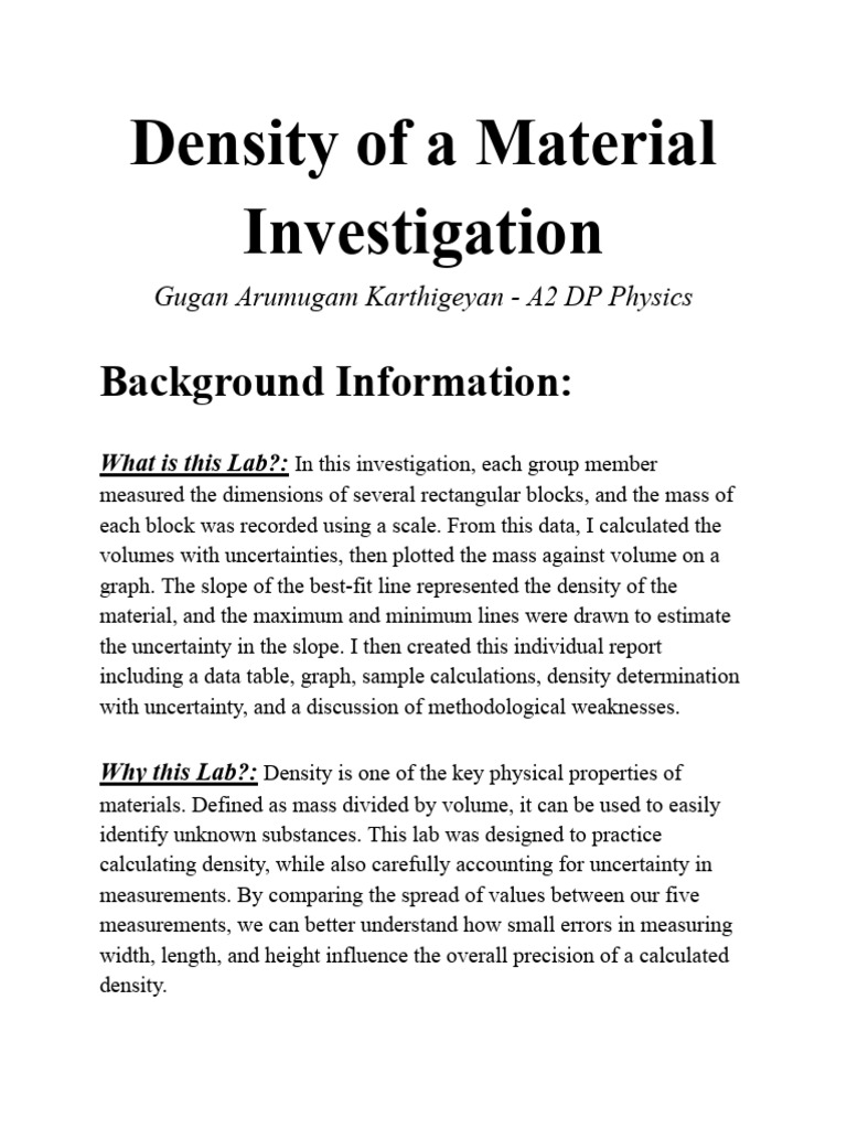 Density of A Material Investigation - Gugan Arumugam Karthigeyan - A2 ...