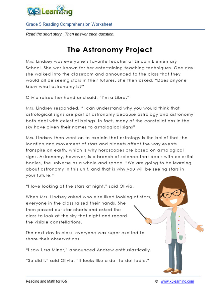 Reading Comprehension Worksheet and Kid's Fable - The Astronomy Project ...