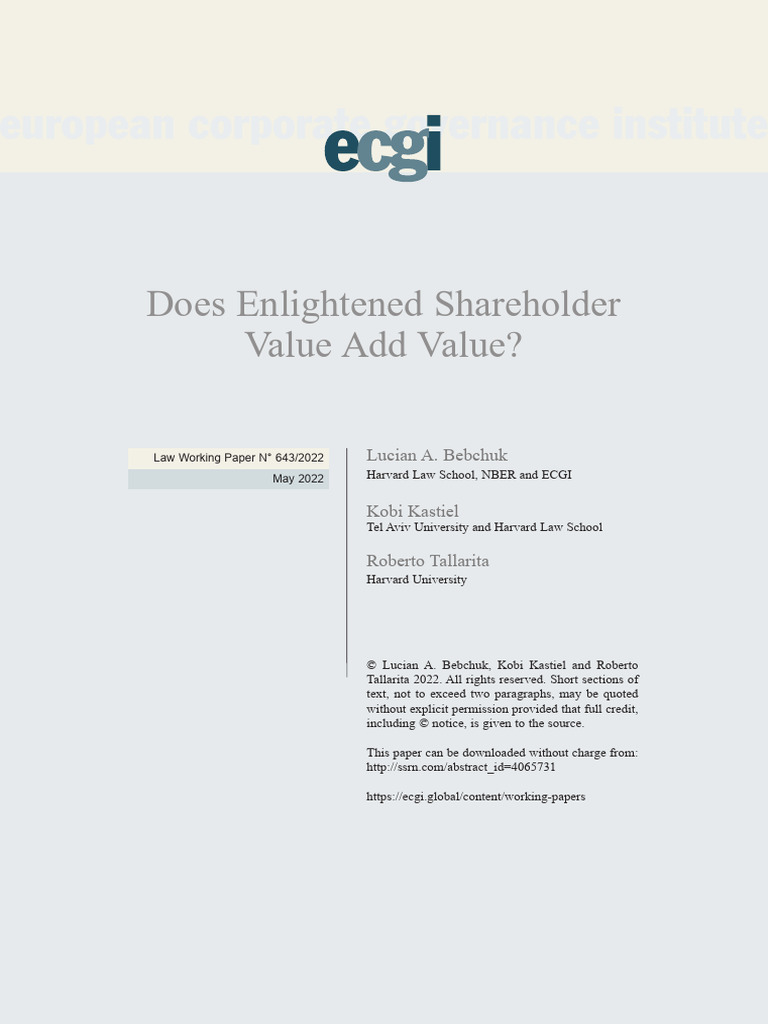 Does Enlightened Shareholder Value Work? | PDF | Shareholder Value ...
