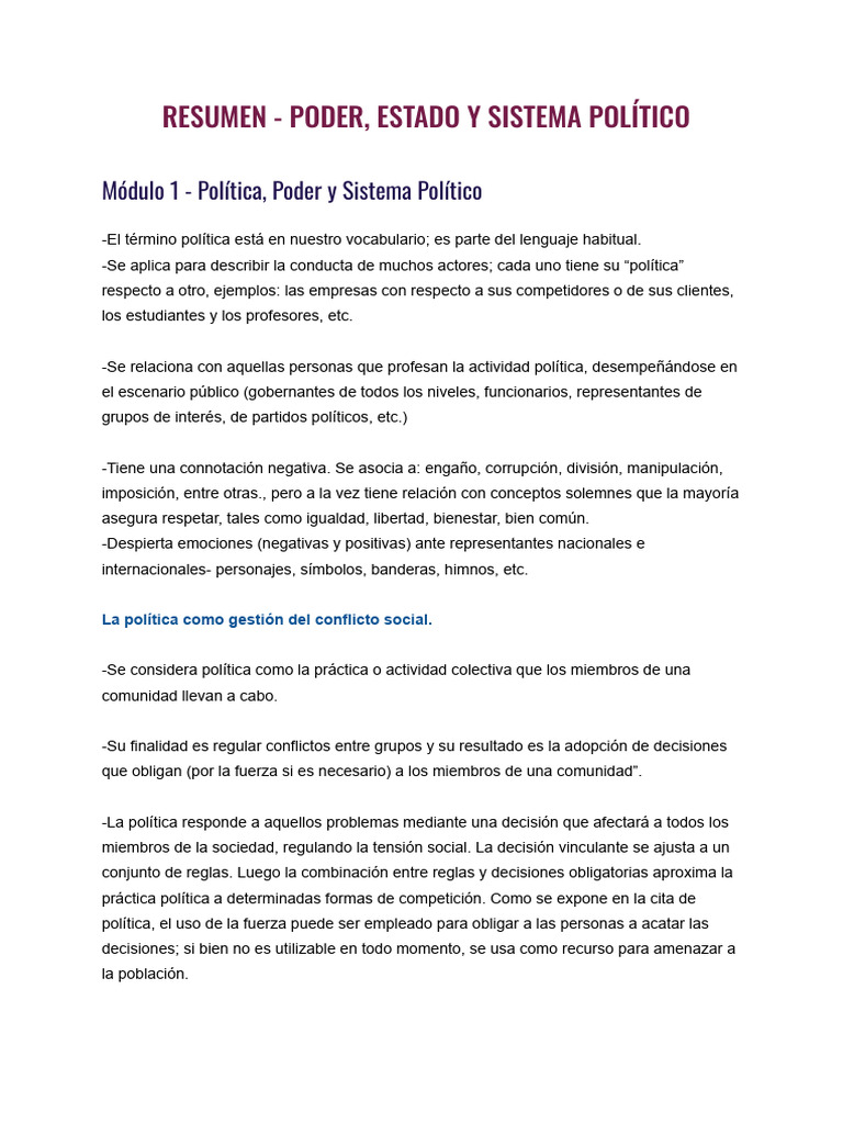 Resumen - Poder, Estado y Sistema Político | PDF | Estado (política ...