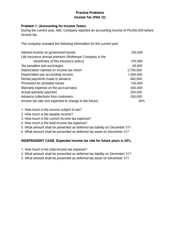Income Tax Practice Problems for ABC Company | PDF | Deferred Tax | Expense