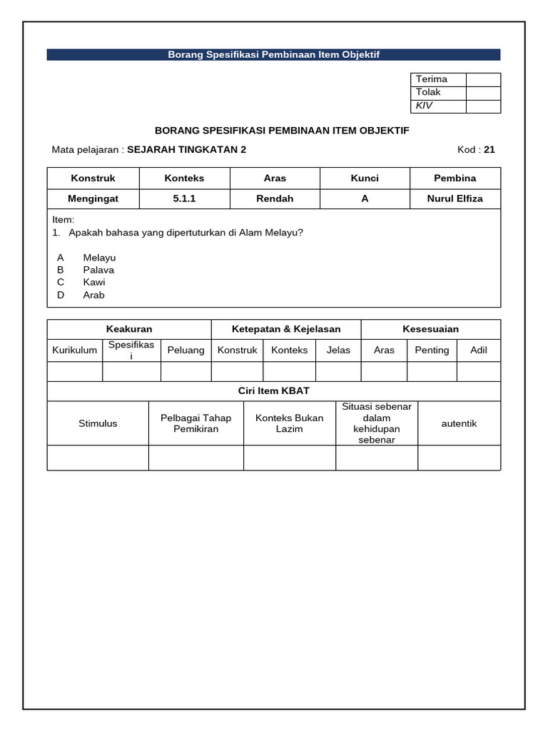 Jsi - Borang Spesifikasi Pembinaan Item (Nurul Elfiza) | PDF