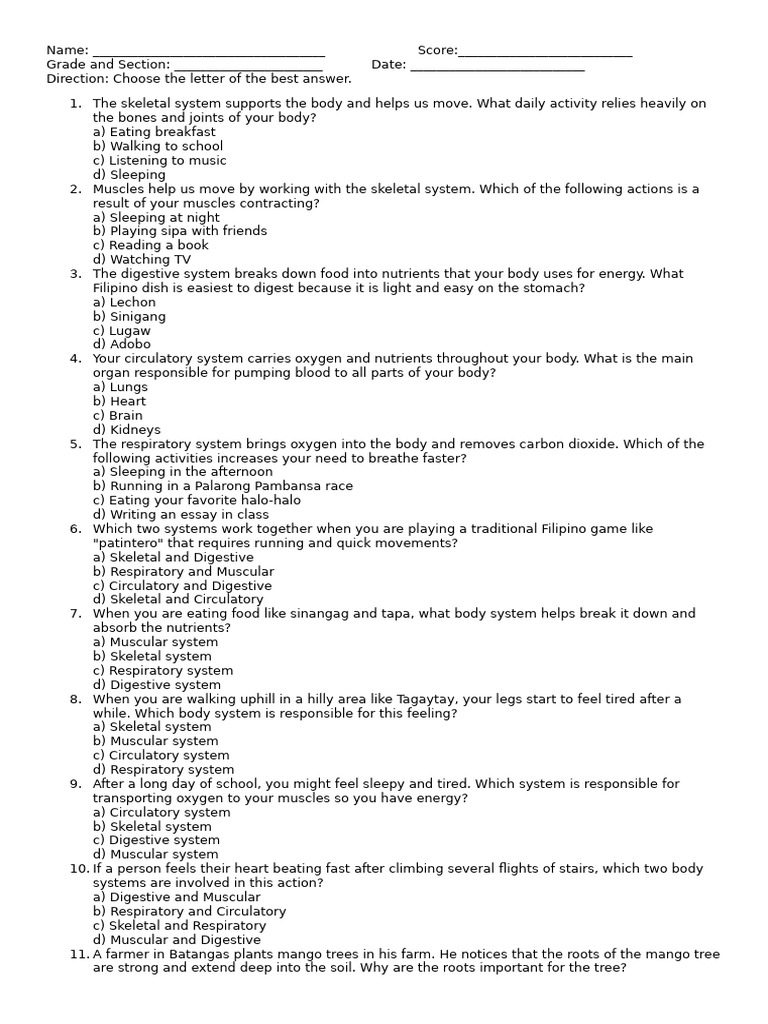 Grade 4 Science Quiz on Body Systems and Ecosystems | PDF | Foods ...