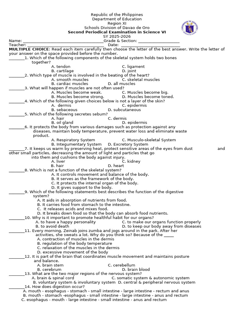Science VI Quarter 2 Periodical Examination With Key To Corrections ...