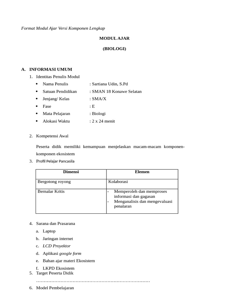 Modul Ajar Biologi: Ekosistem SMA | PDF