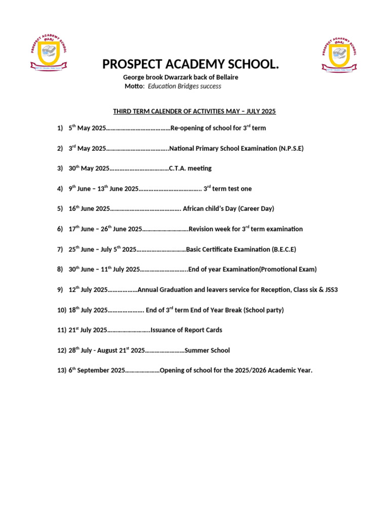 Third Term Calender of Activities May | PDF