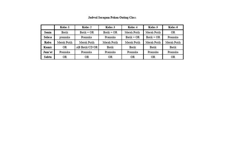 Jadwal Seragam Outing Class Kelas 1-6 | PDF