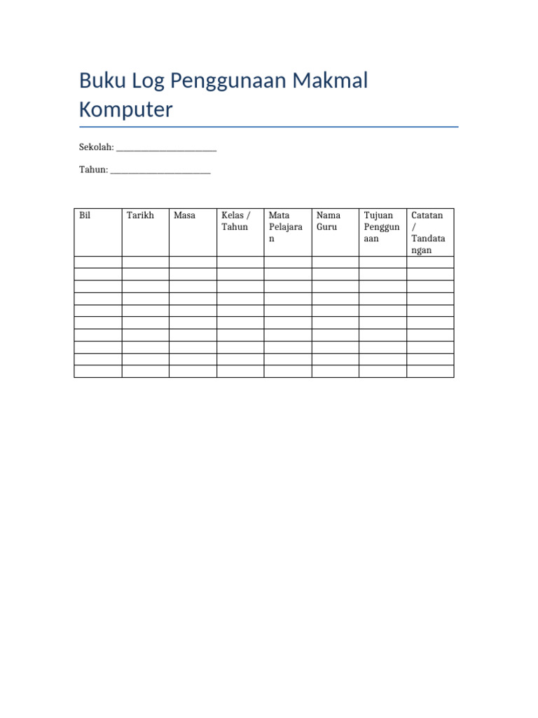 Buku Log Penggunaan Makmal Komputer | PDF