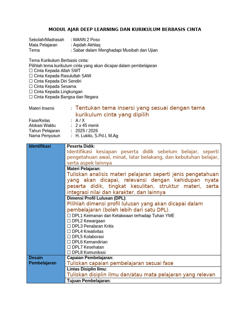 00 Contoh Template Modul Ajar Deep Learning Dan KBC | PDF