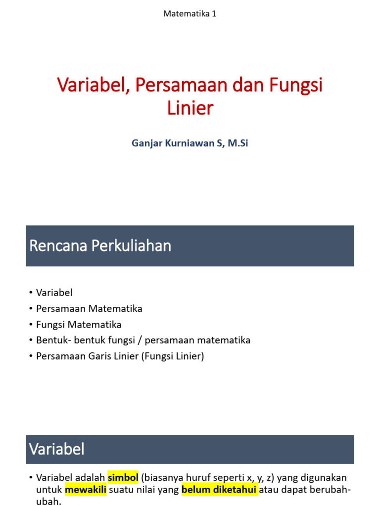 Variabel, Persamaan, Dan Fungsi Linier | PDF