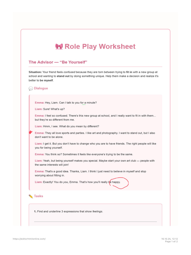 Role Play Worksheet: Be Yourself | PDF
