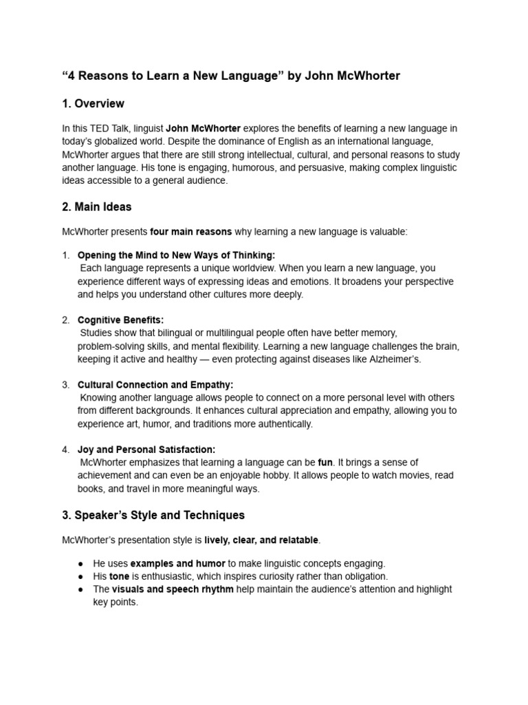 "4 Reasons To Learn A New Language" by John McWhorter | PDF | Narrative | Empathy