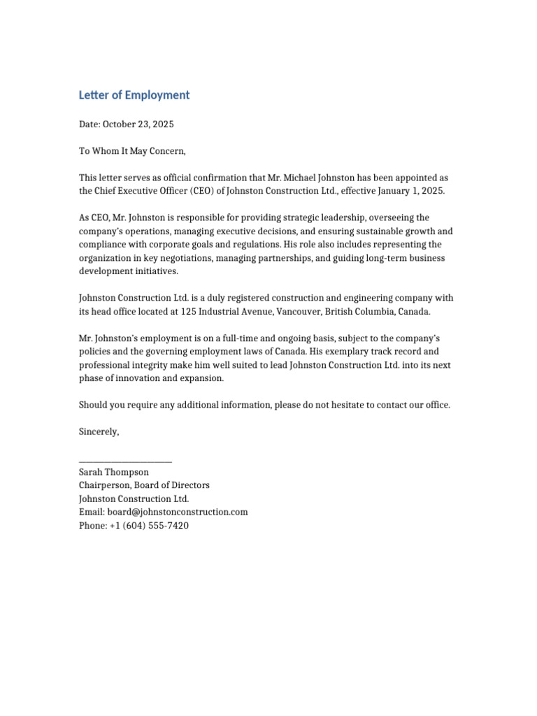 Employment Confirmation for CEO Michael Johnston | PDF