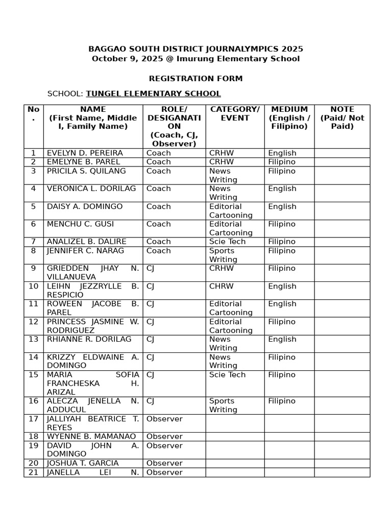 BSD Journalympics Registration Form | PDF