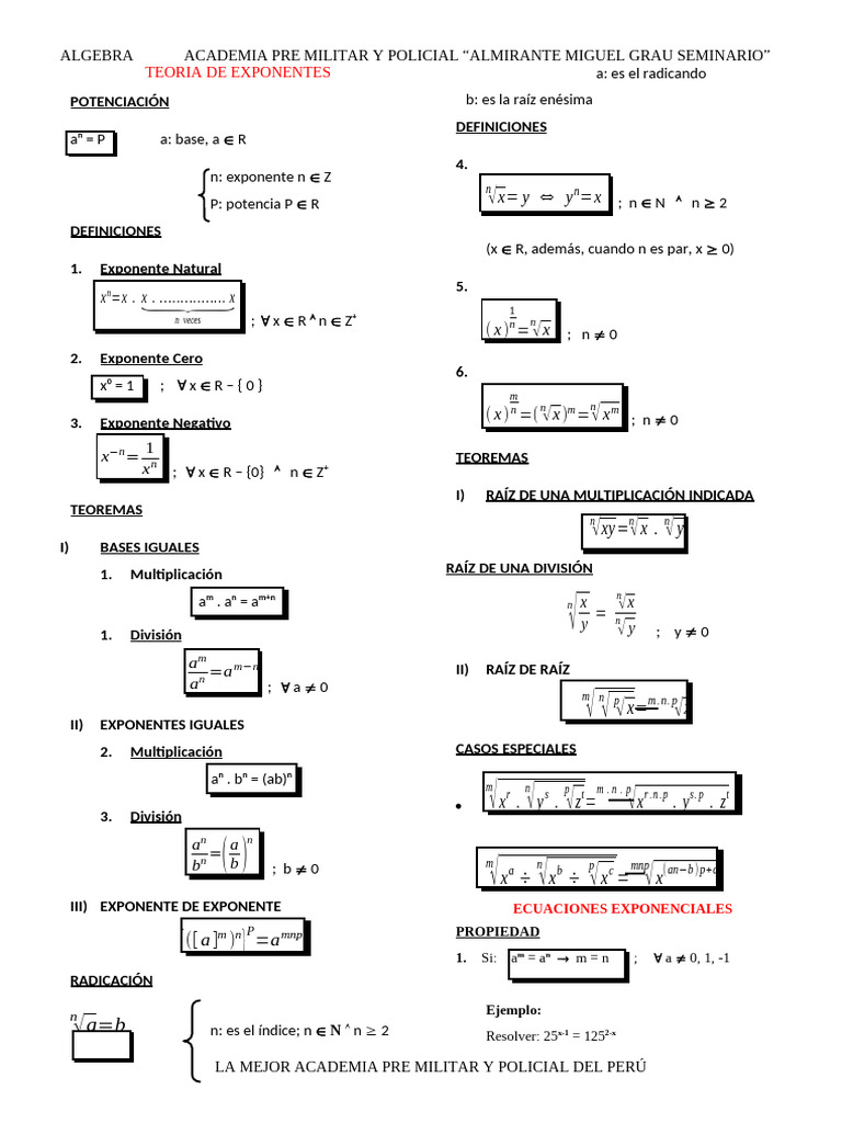 Teoría de Exponentes y Radicación | PDF | Matemáticas | Teoría de los ...