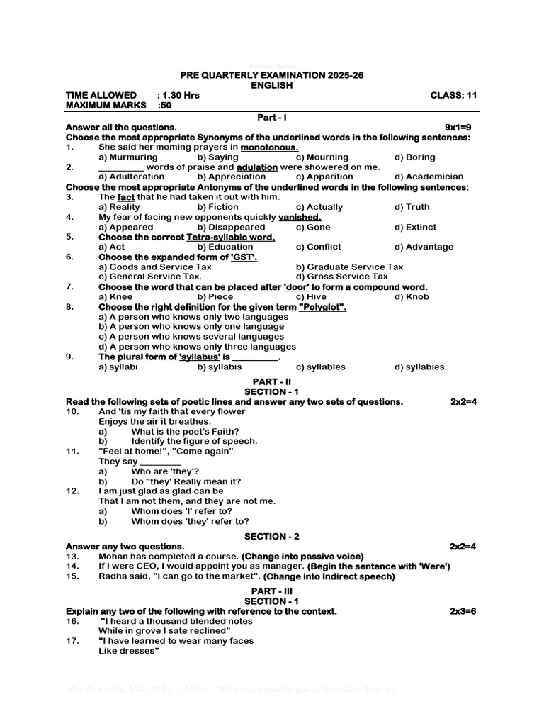 11th English Question Paper | PDF