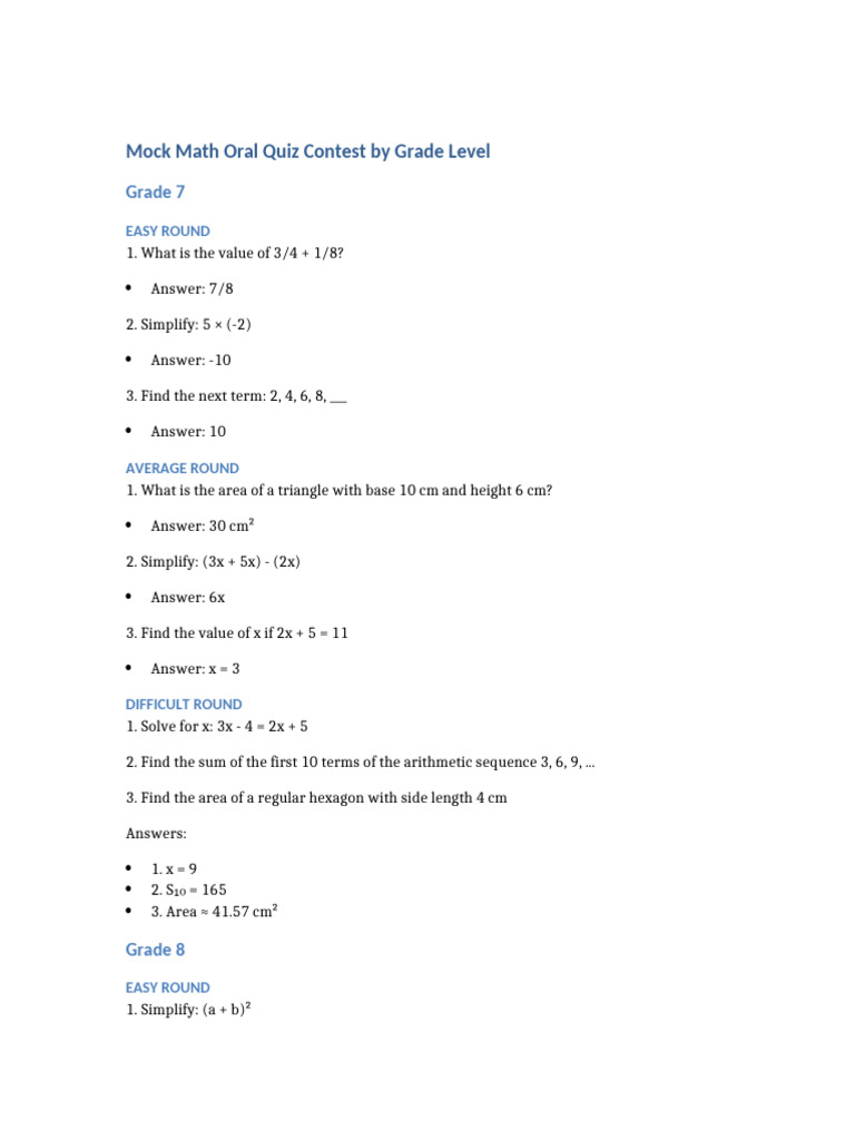 Grade-Level Math Oral Quiz Guide | PDF