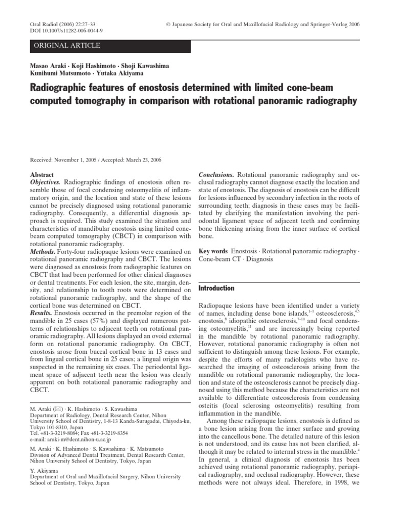 Enostosis Oral Radiol 2006 22 27 - 33 | PDF | Dental Anatomy | Dentistry