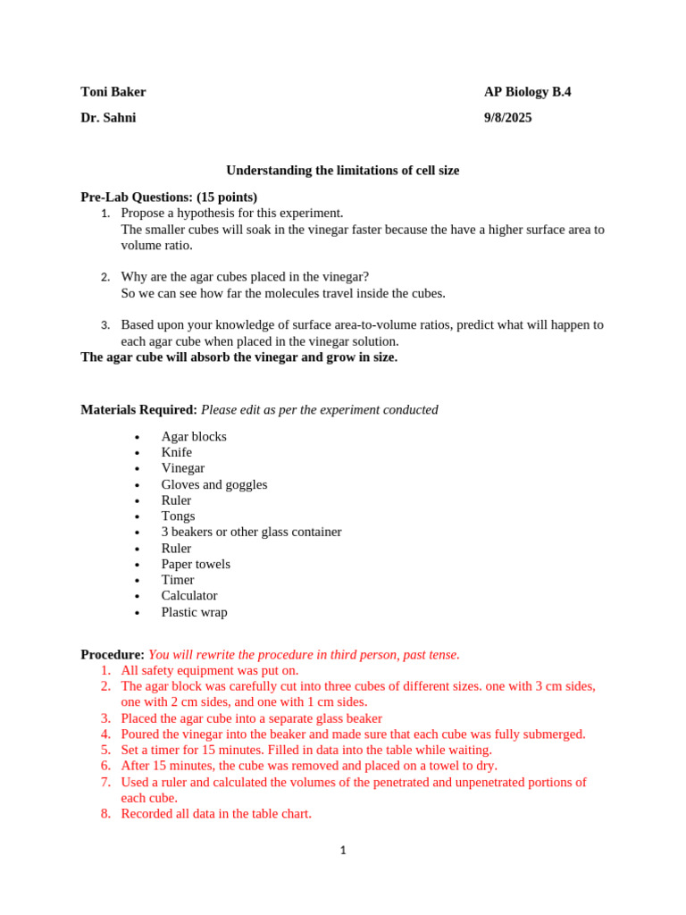 Cell Size Lab Report Template | PDF | Volume