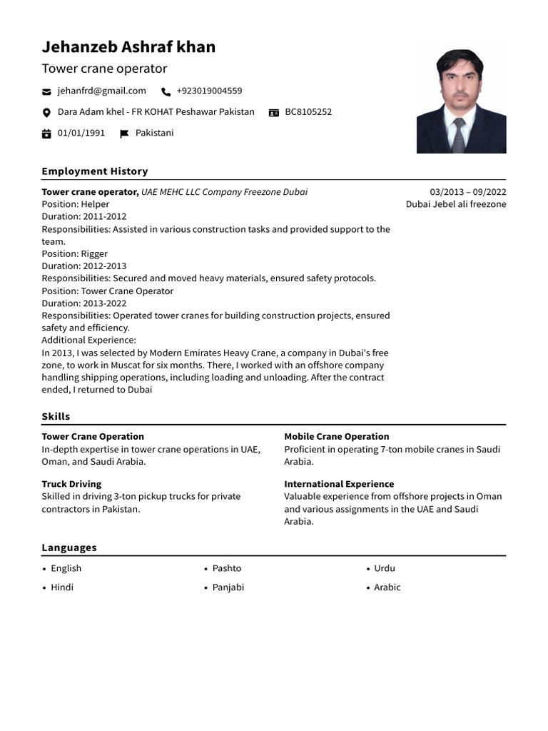 Experienced Tower Crane Operator Resume | PDF