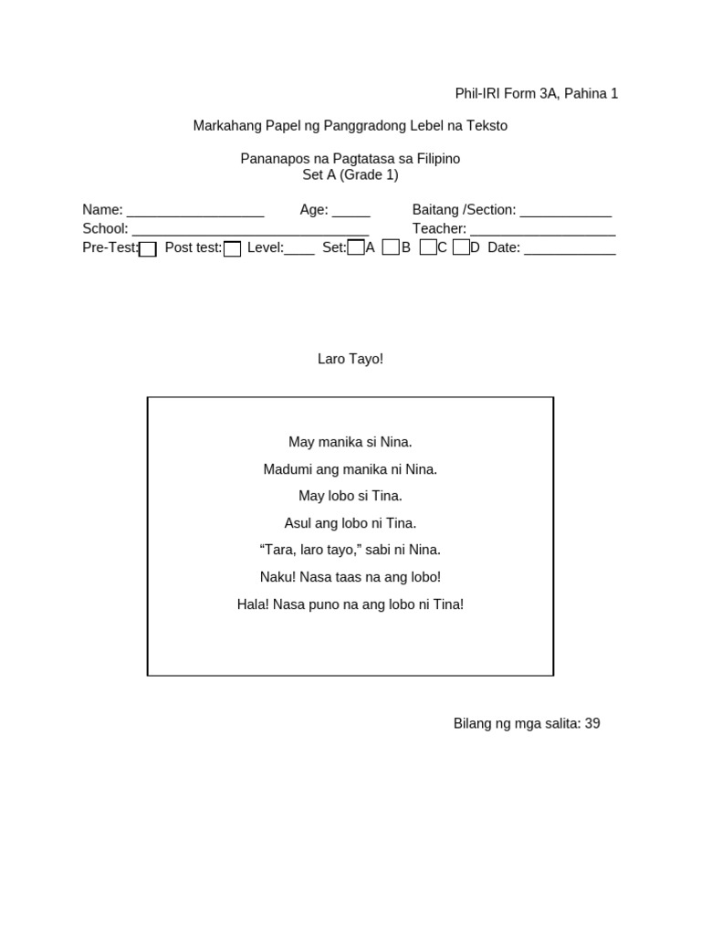 SET A Graded Passages PHIL-IRI Form 3A 3B | PDF | Reading (Process) | Learning Methods