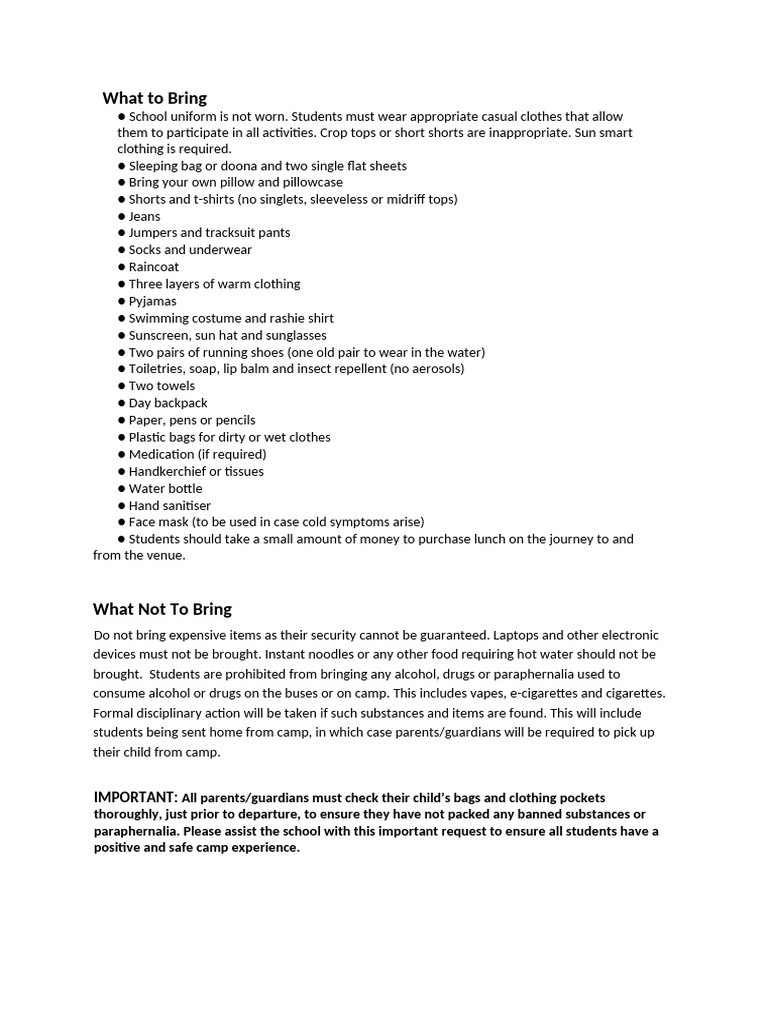Essential Packing List for School Camp | PDF