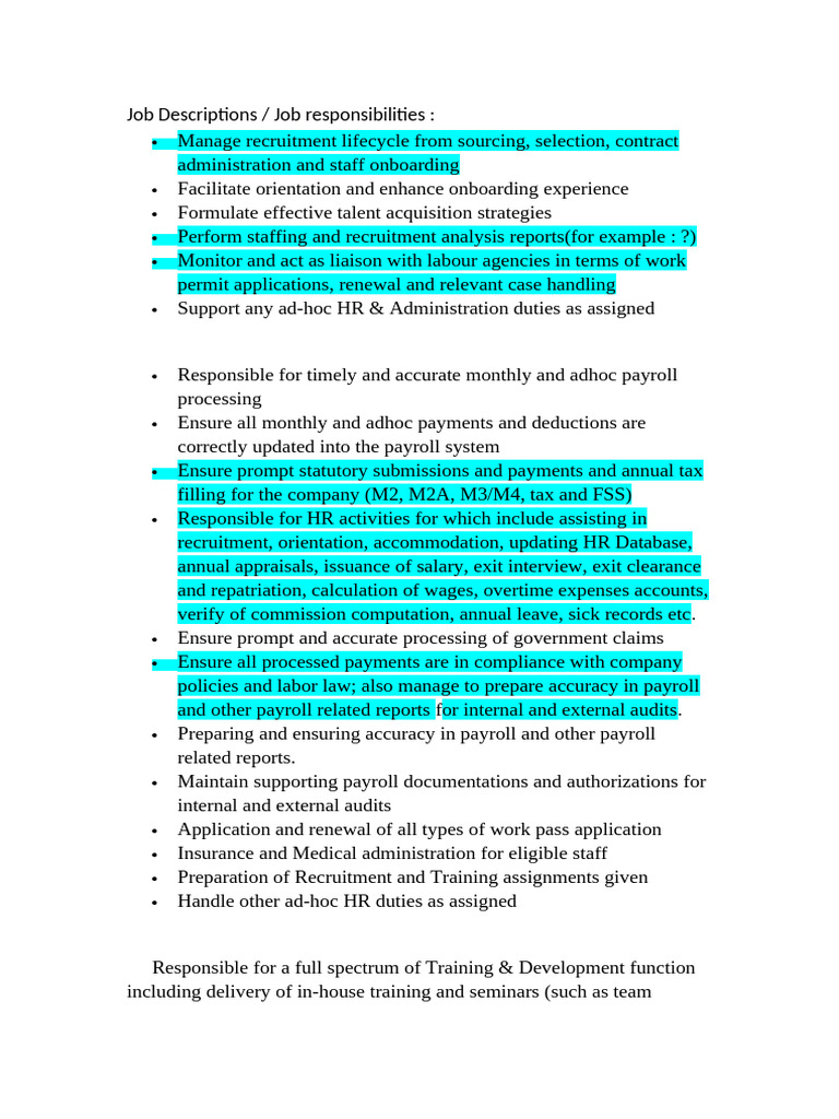 HR Job Descriptions | PDF | Human Resources | Payroll