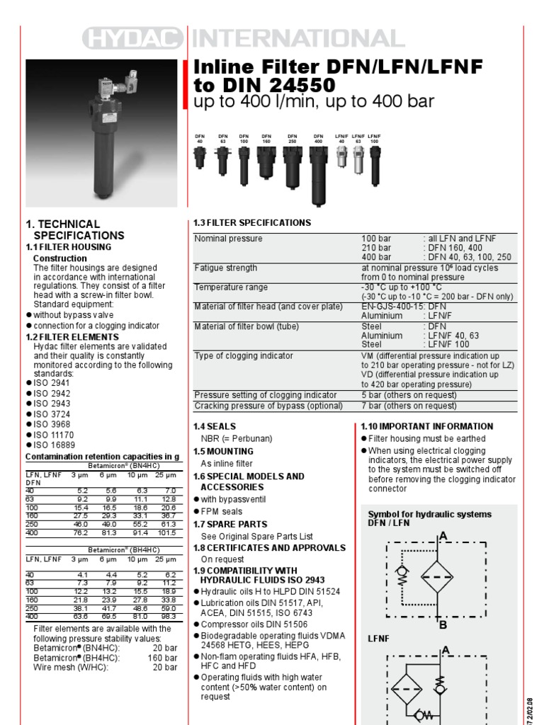 Inline Filter DFN/LFN/LFNF To DIN 24550: Up To 400 L/min, Up To 400 Bar ...