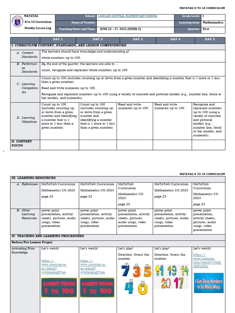 DLL Matatag Mathematics 1 q1 w2 v2 | PDF | Curriculum | Behavior Modification