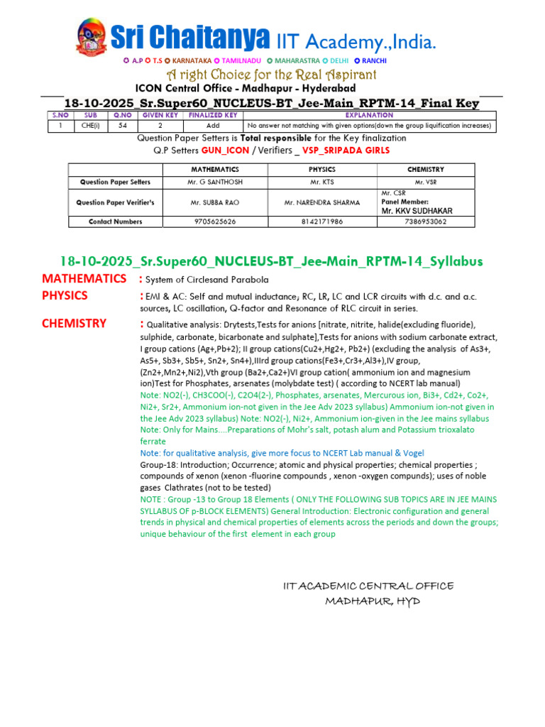 18-10-2025 SR - Super60 Nucleus-Bt Jee-Main Rptm-14 Final Key | PDF ...
