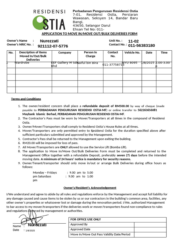Residensi Ostia Move In/Out Application Form | PDF | Indemnity | Justice