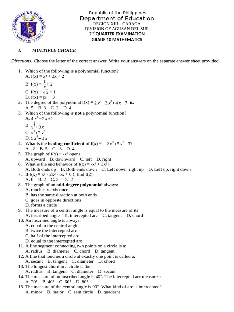 Grade 10 Math 2nd Quarter Exam | PDF | Tangent | Circle