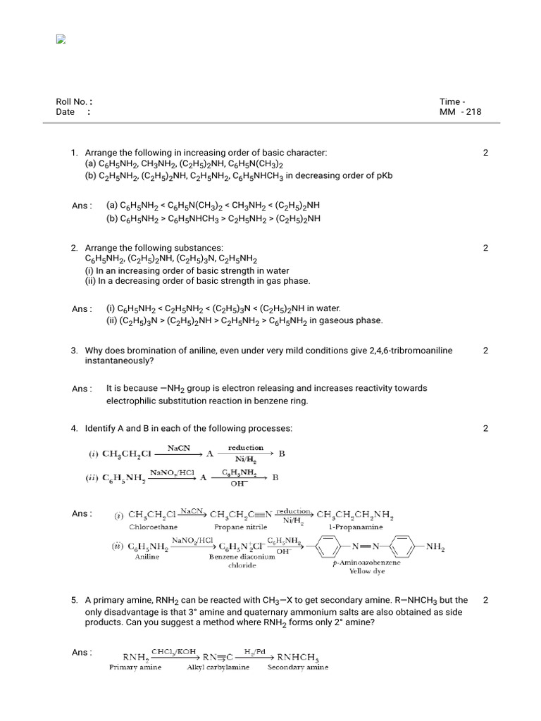 Revision Material For Amines | PDF | Amine | Organic Compounds