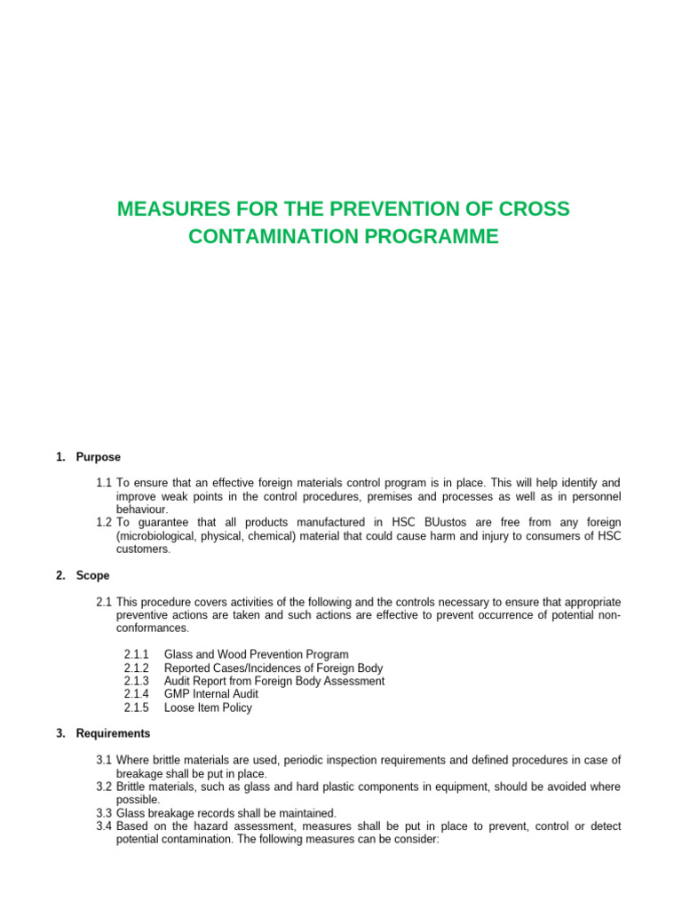Cross Contamination Prevention Measures | PDF | Audit | Personal ...