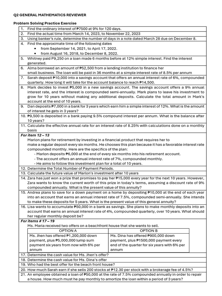 Q2 General Mathematics Practice Problems | PDF | Interest | Mortgages