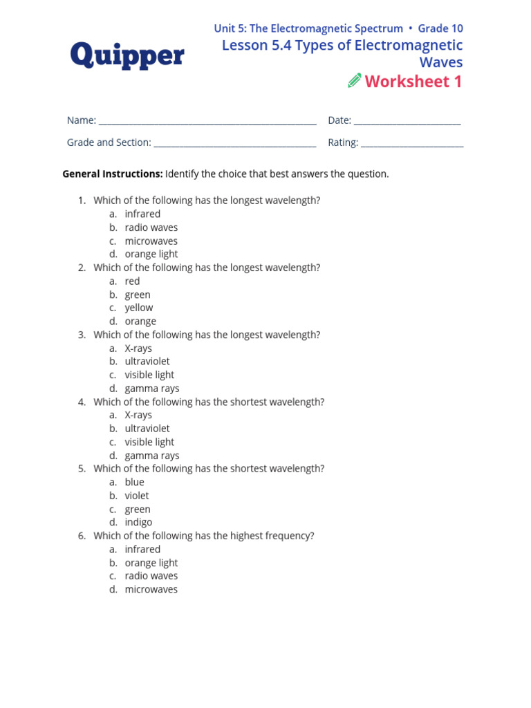 Grade 10 Electromagnetic Waves Worksheet | PDF | Electromagnetic ...