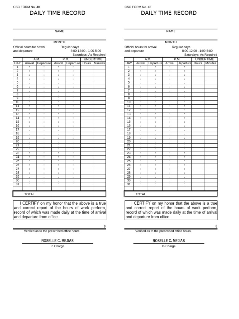 Daily Time Record Daily Time Record: Name Name Month Month | PDF