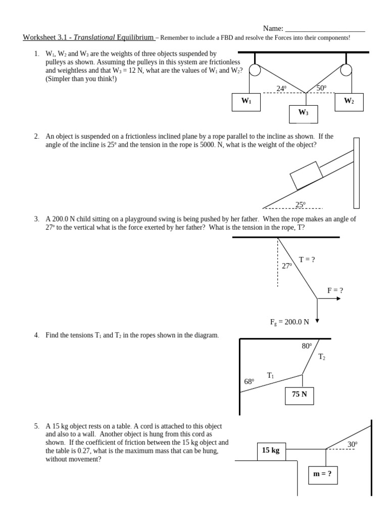 Unit 3 - Worksheet - 3.1 Translational Equilibrium | PDF | Tension ...