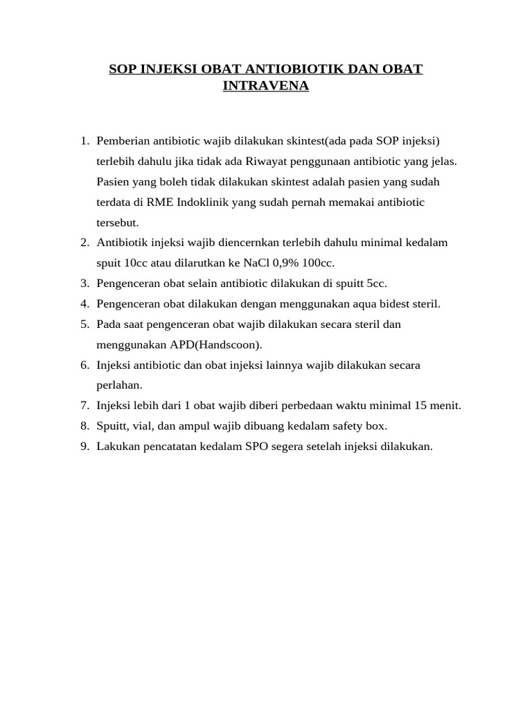 Sop Injeksi Obat Antiobiotik Dan Obat Intravena | PDF