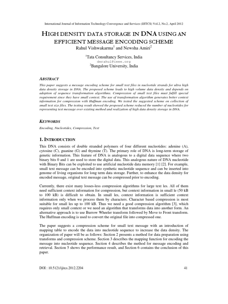 High Density Data Storage in Dna Using An Efficient Message Encoding Scheme | Download Free PDF ...