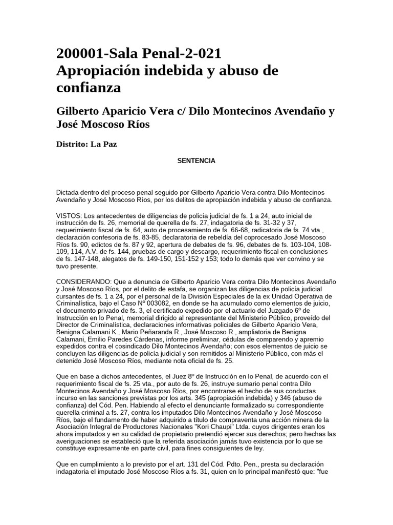 Apropiacion Indebida y Abuso de Confianza | PDF | Sentencia (ley) | Queja