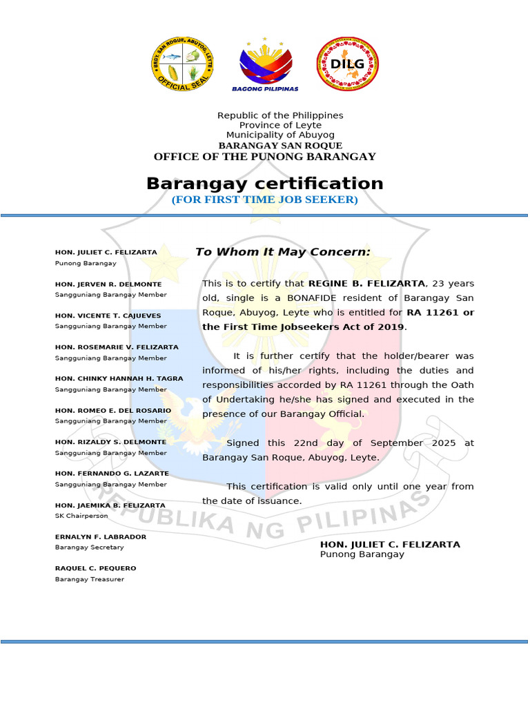 Barangay Certification For First Time Job Seeker | PDF