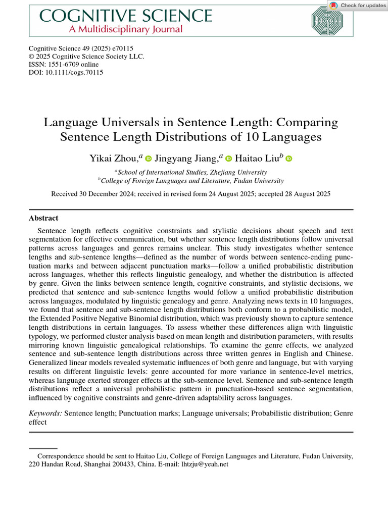 Cognitive Science - 2025 - Zhou - Language Universals in Sentence ...