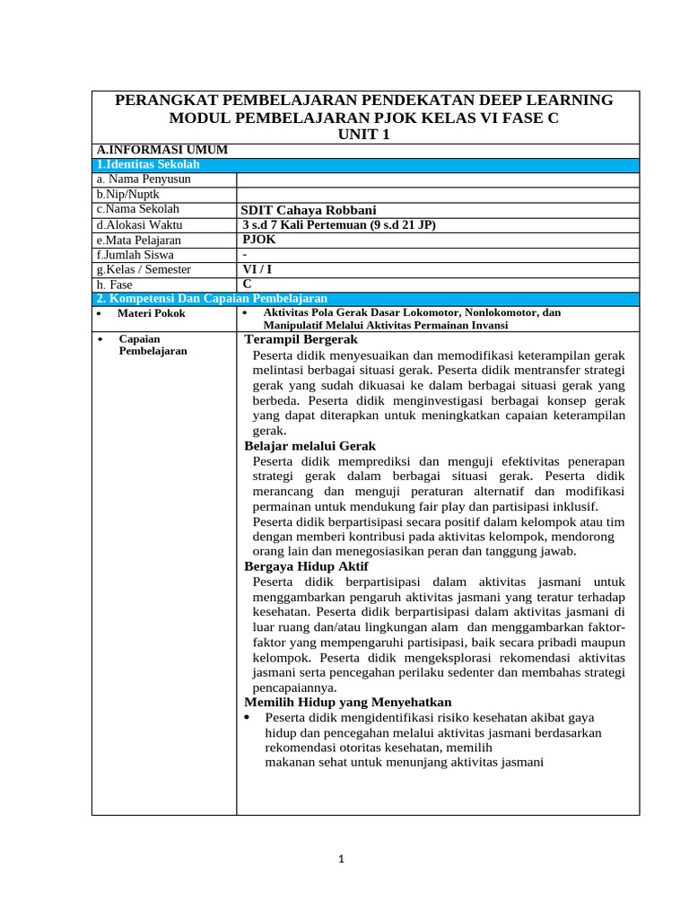 CTH Deep Learning Pjok Kls 6 | PDF