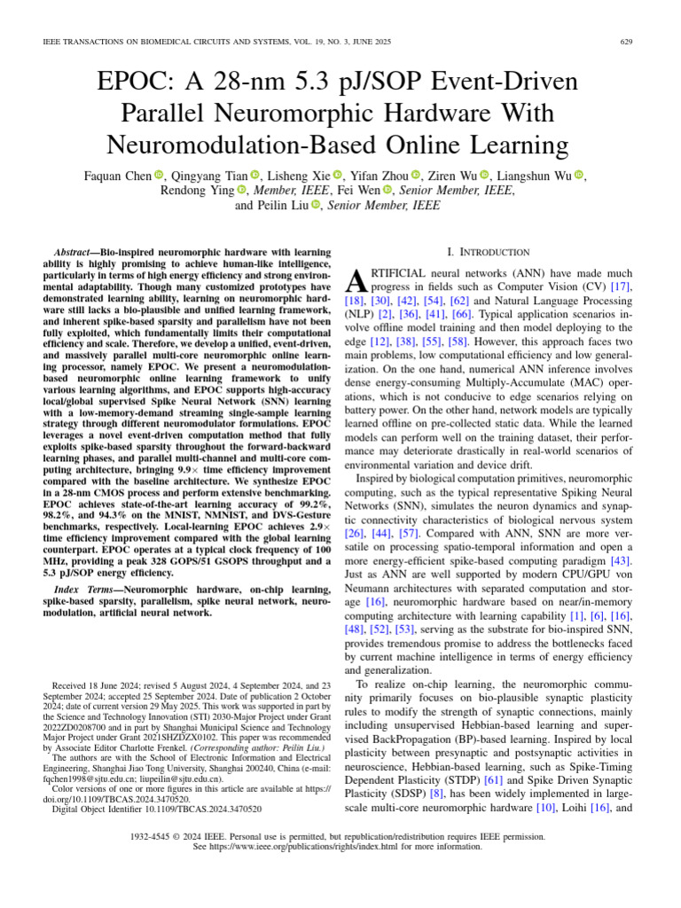 EPOC A 28-Nm 5.3 PJ SOP Event-Driven Parallel Neuromorphic Hardware With Neuromodulation-Based ...
