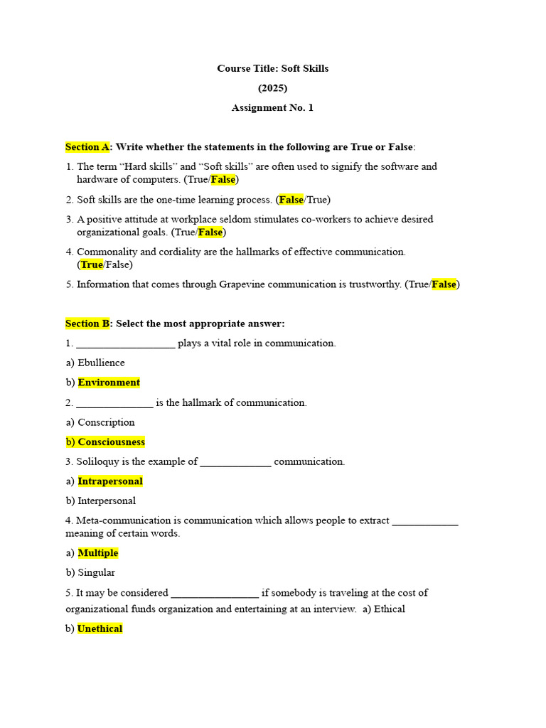 Soft Skills Assignment Solution 1-12 | PDF | Communication | Leadership