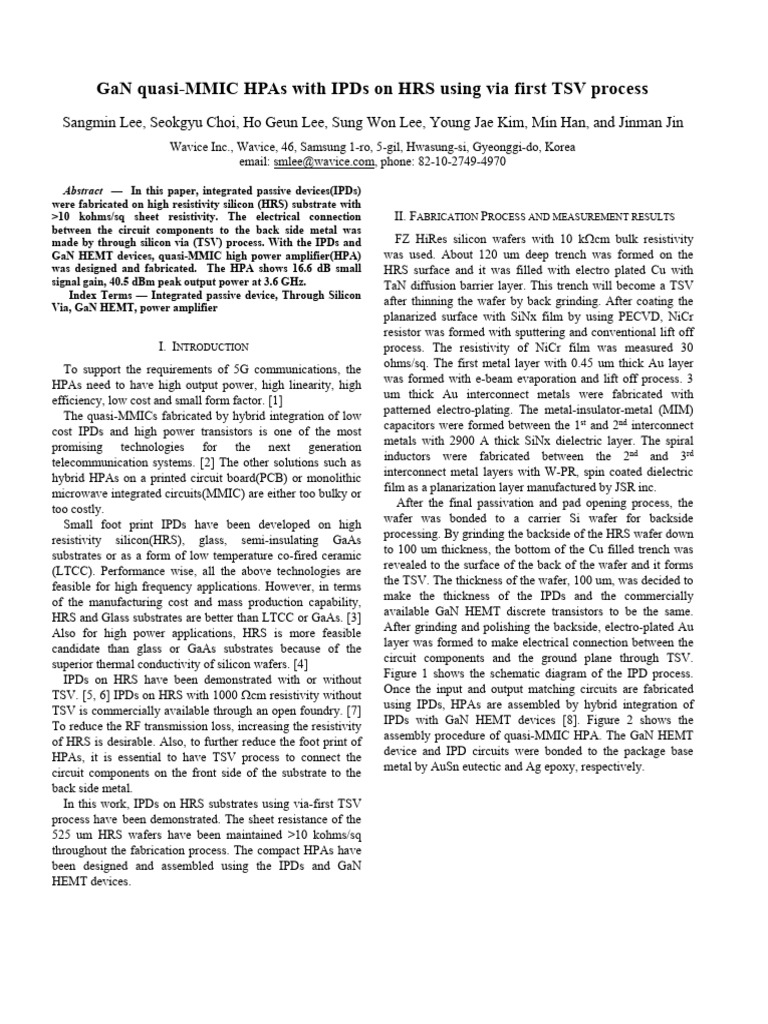 GaN Quasi-MMIC HPAs With IPDs On HRS Using Via First TSV Process | PDF ...