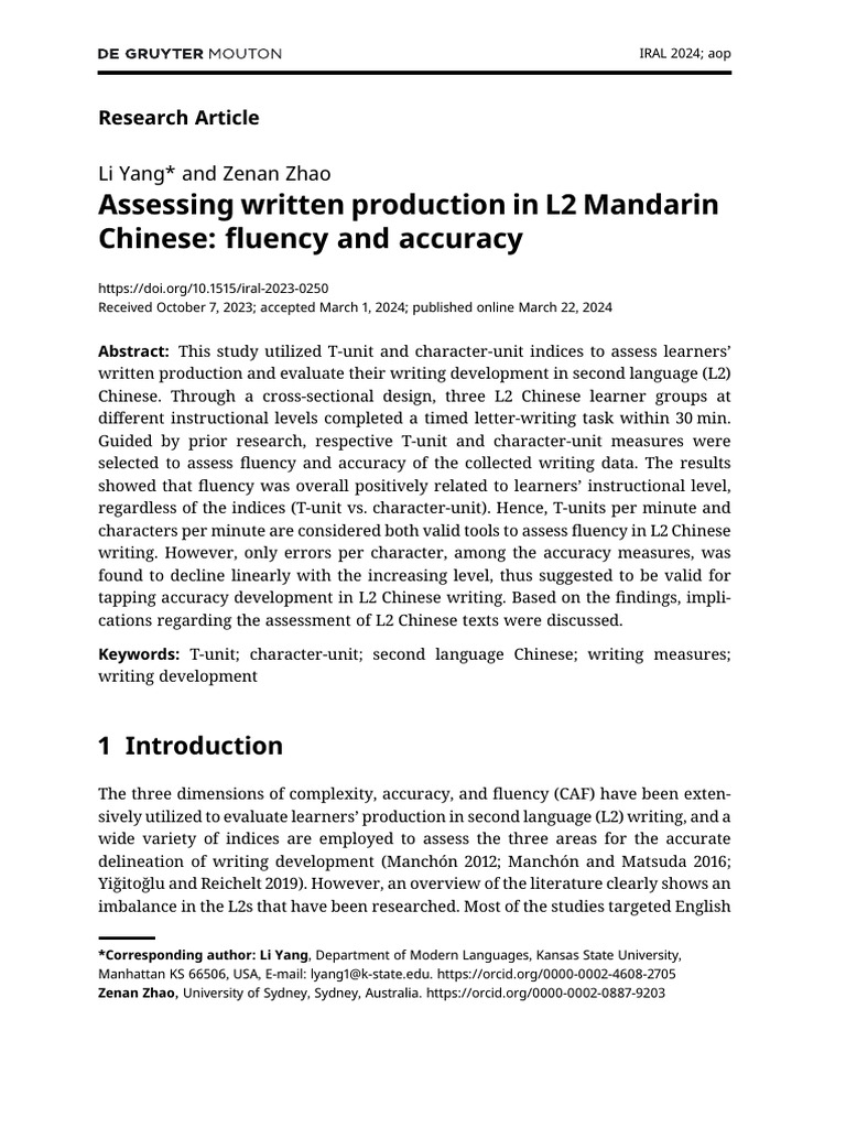 Assessing Written Production in L2 Mandarin Chinese: Fluency and ...