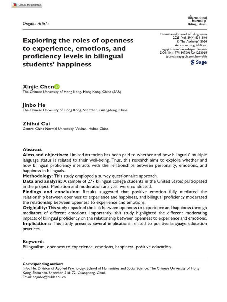 Chen Et Al 2024 Exploring The Roles of Openness To Experience Emotions ...